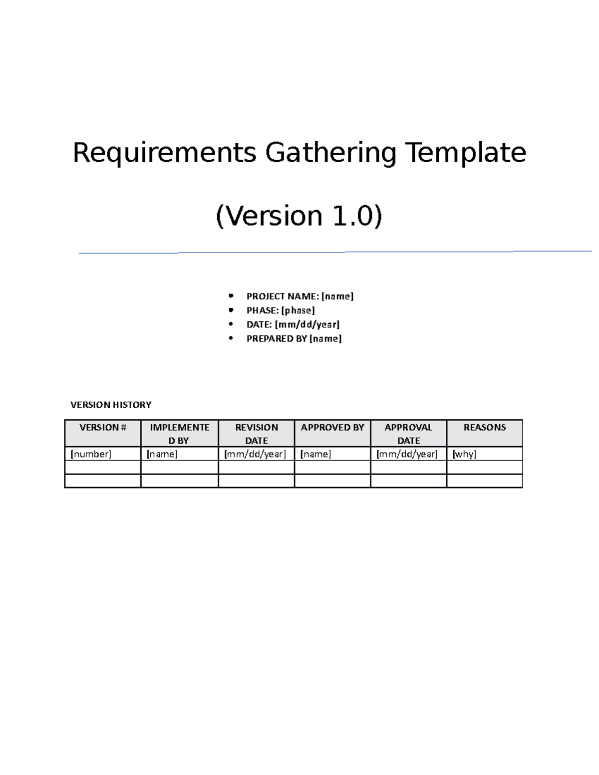 Requirements Gathering Template v1.0 for Project Planning - Studocu
