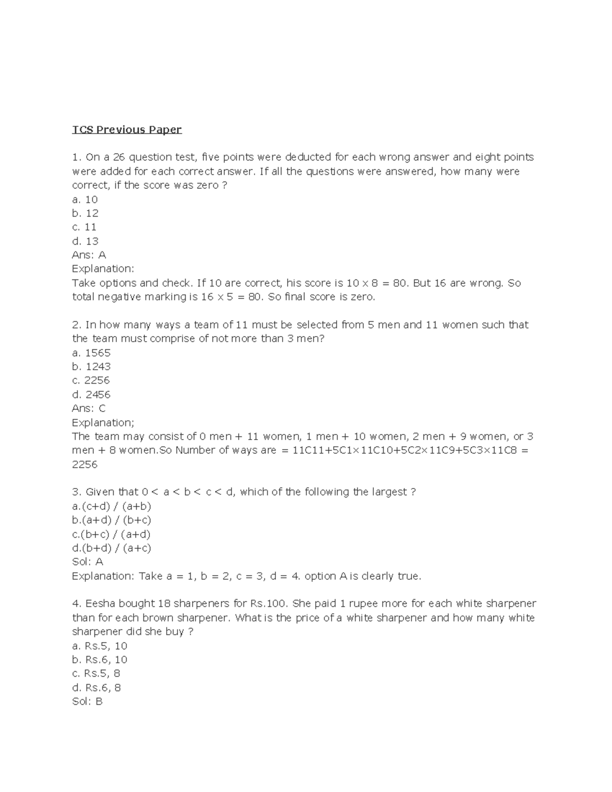 TCS Previous Year Exam Paper Solutions and Explanations - Studocu