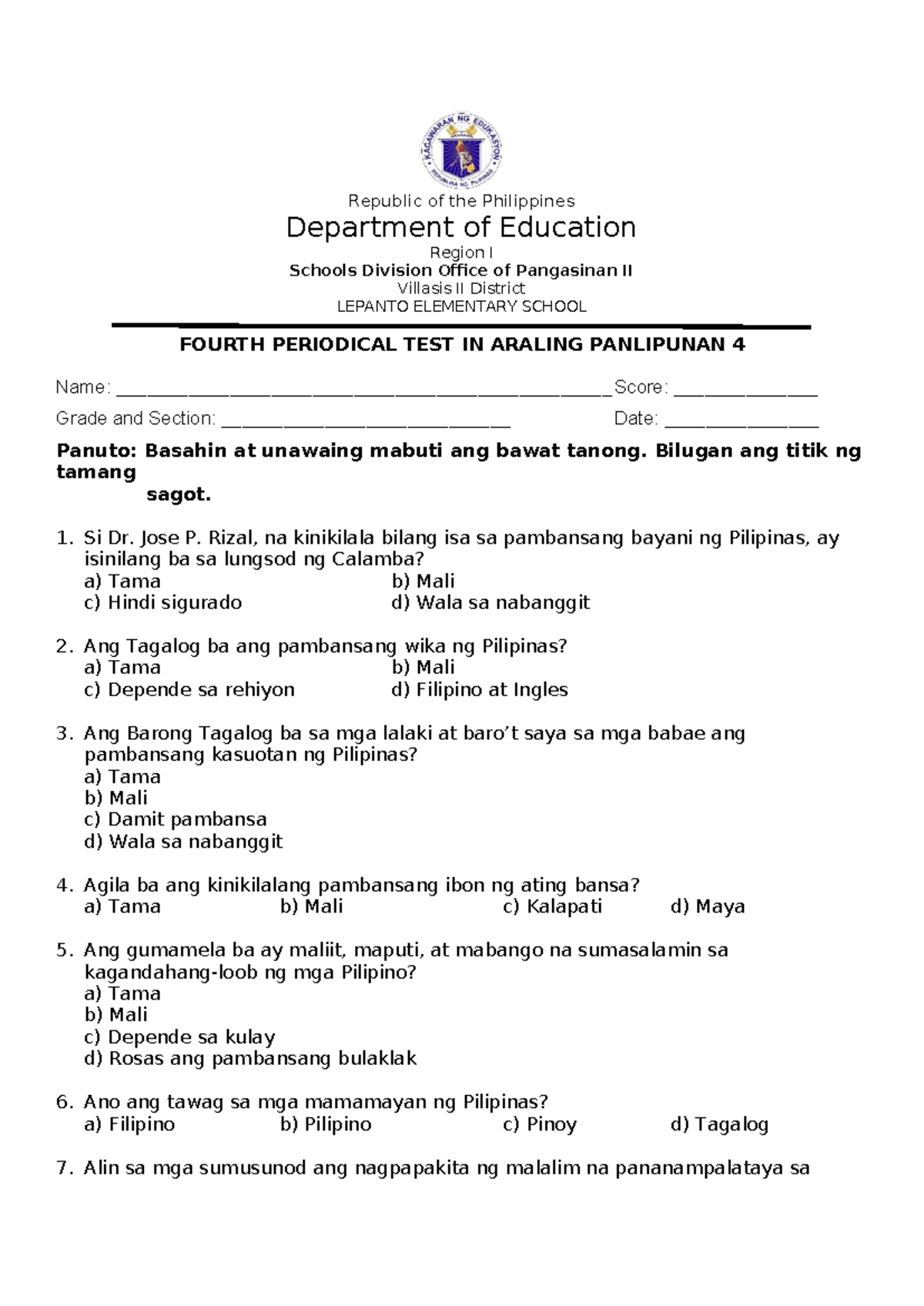 QE 4 AP 4 - Fourth Periodical Test in Araling Panlipunan 4 - Studocu