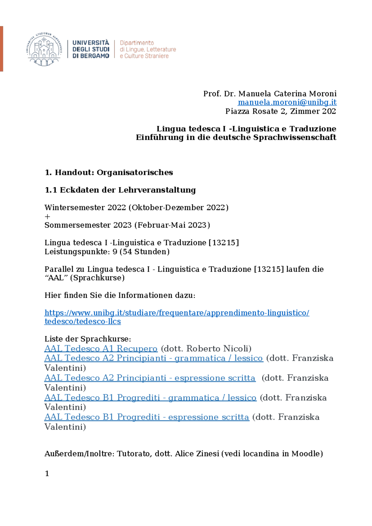 Handout: Organisatorisches zu Lingua tedesca I [13215] - Winter 2022 ...