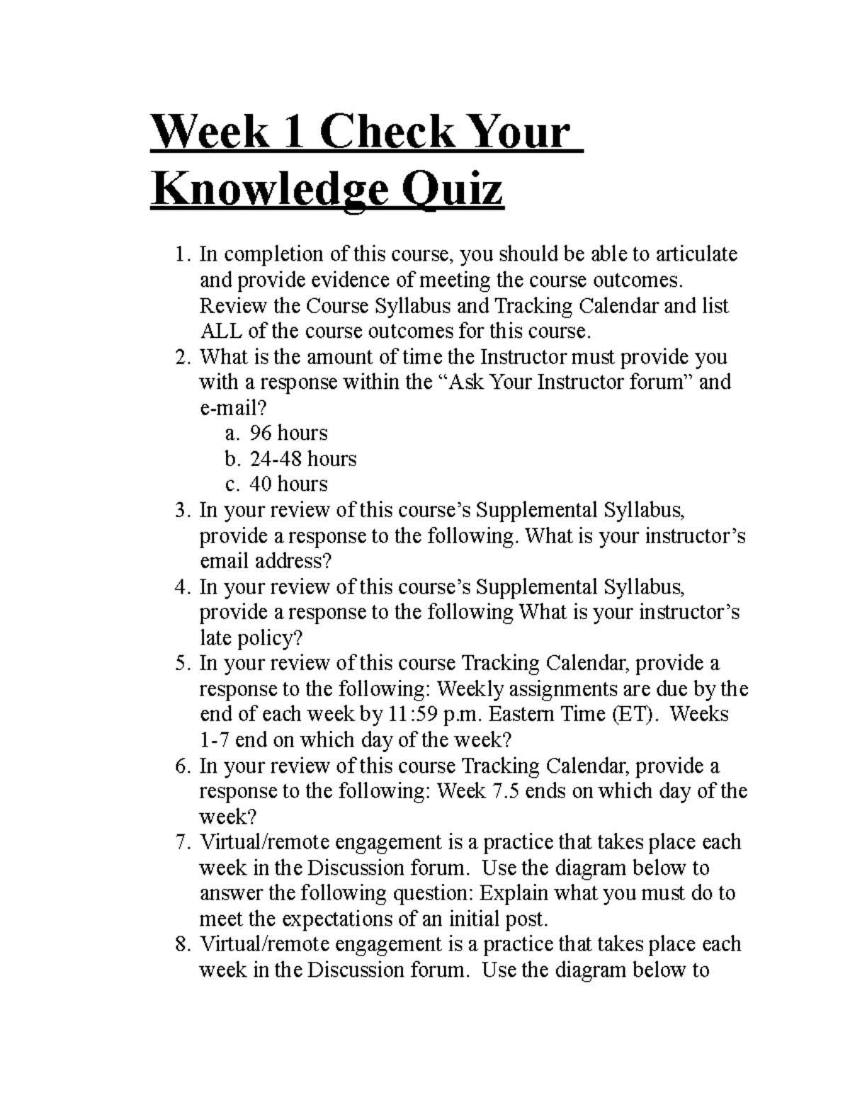 Week 1: Knowledge Check Quiz for Course Outcomes & Policies - Studocu