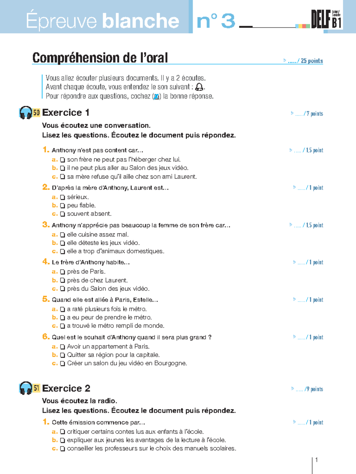 DELF B1 SJ NF Épreuve blanche n° 3 - Compréhension orale et écrite ...