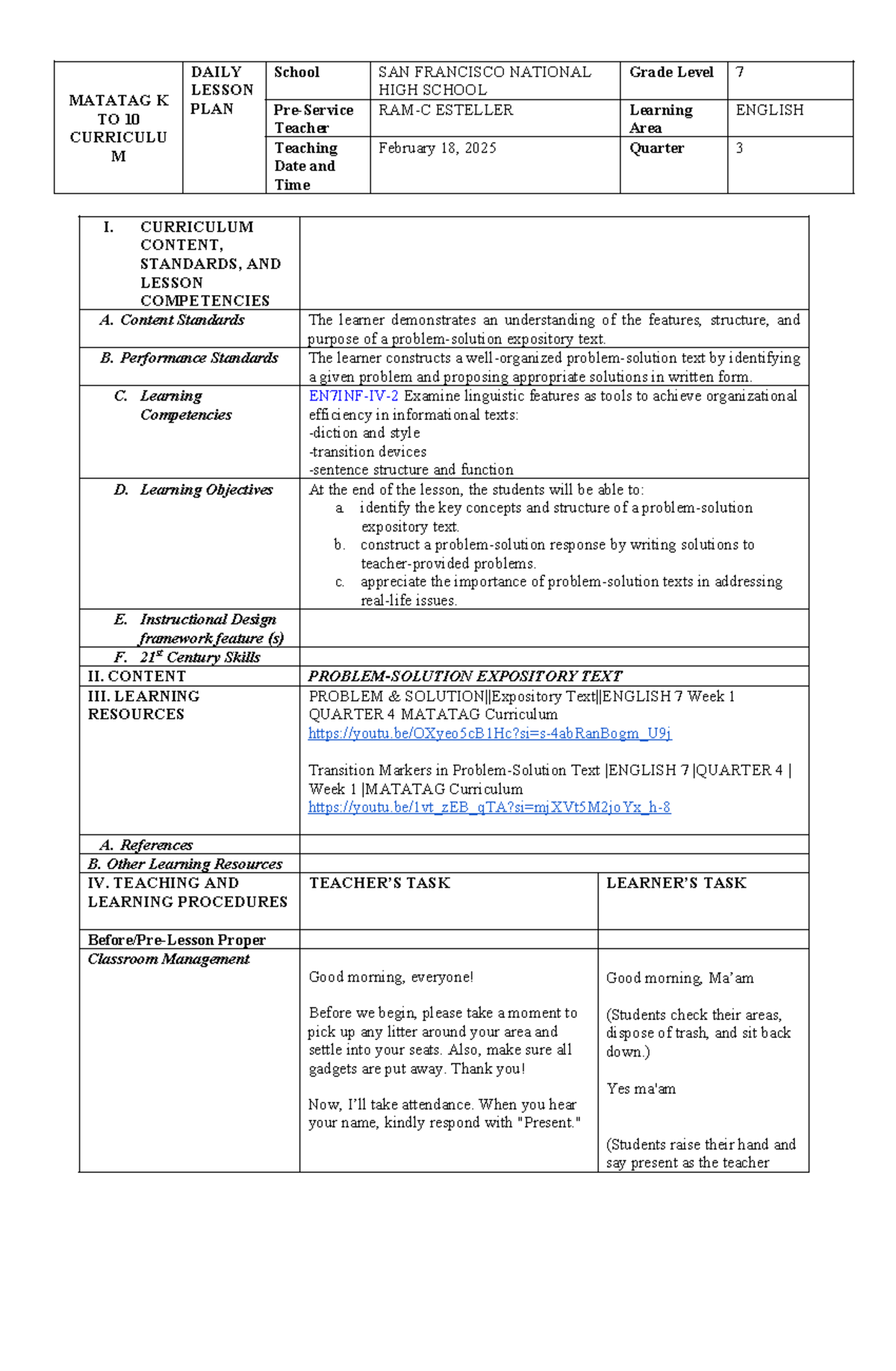 LP Problem Solution - Grade 7 English Daily Lesson Plan - Studocu