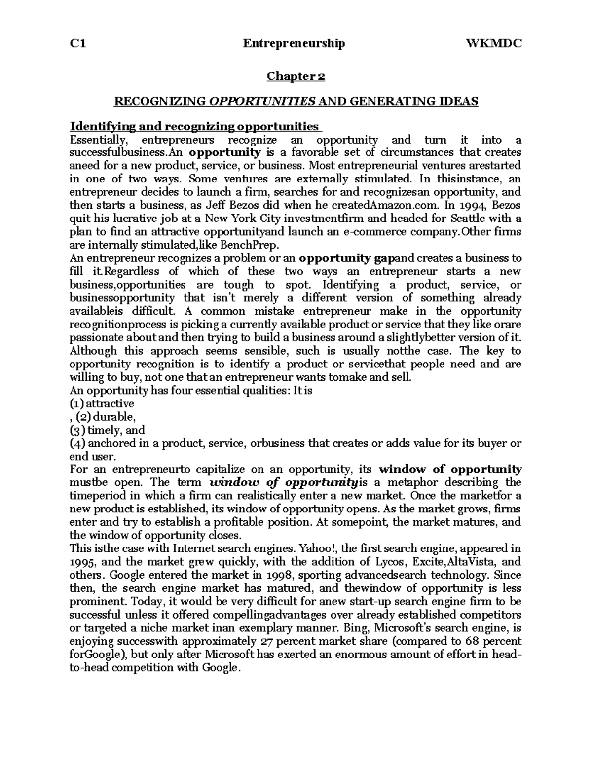 Chap 2 entreprenurship - Chapter 2 RECOGNIZING OPPORTUNITIES AND ...