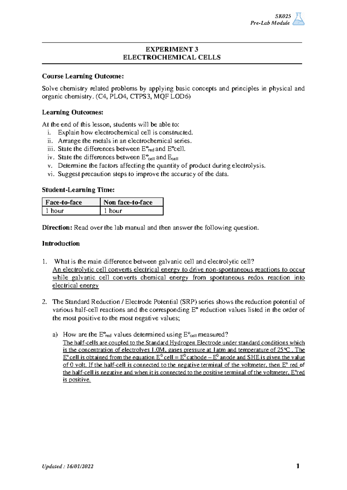 EXP 3 Electrochemical Cell Pre-Lab Guide and Learning Outcomes - Studocu