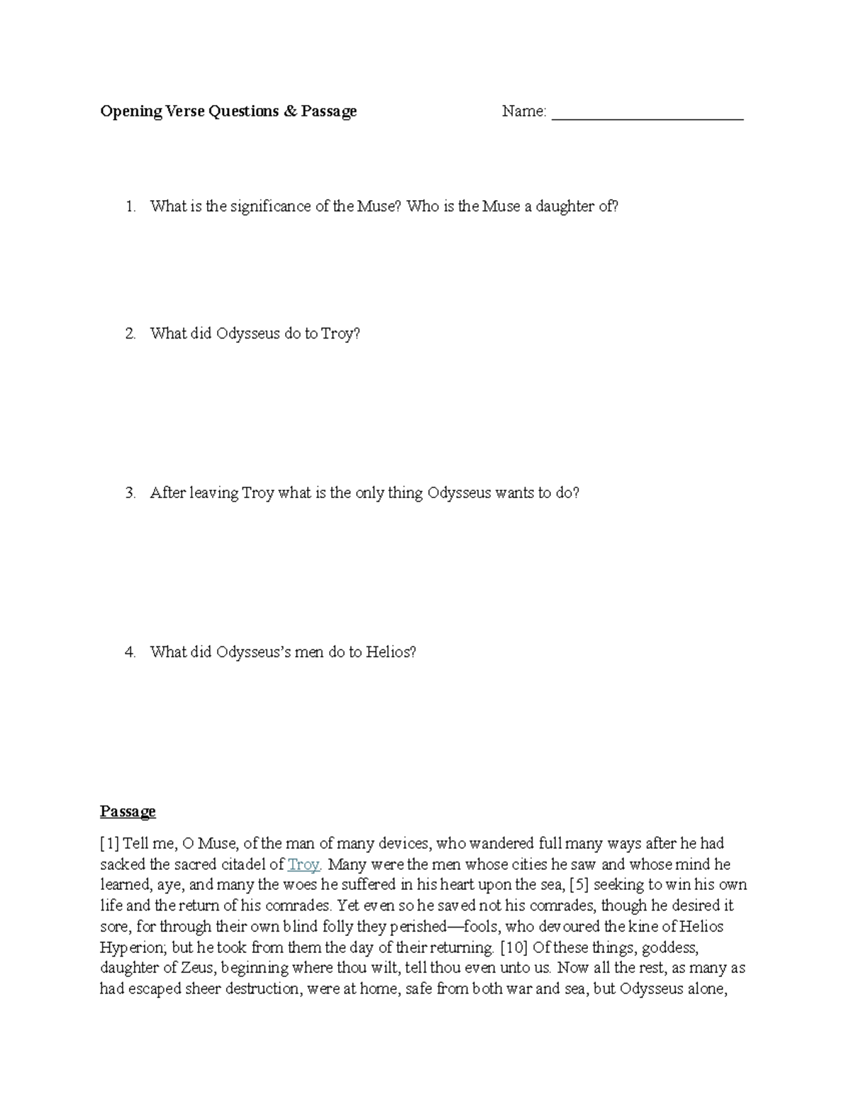 Odyssey Worksheet Opening Verses - Opening Verse Questions & Passage ...