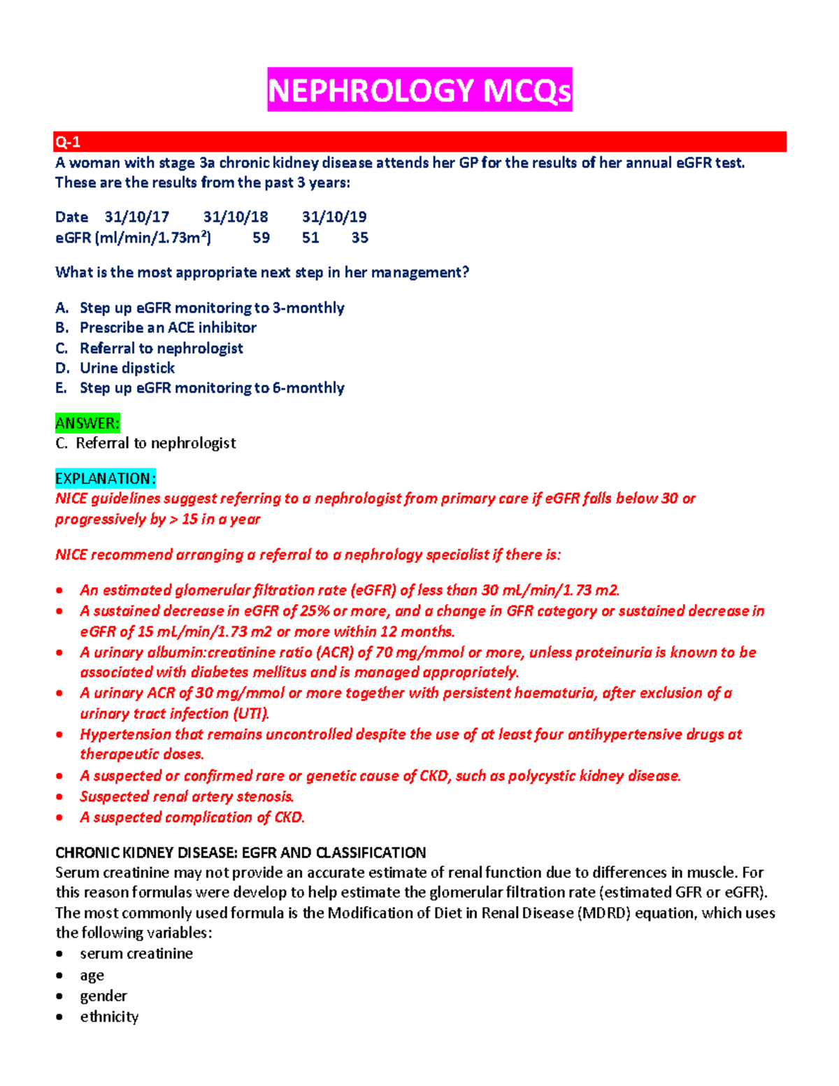 Nephrology MCQs for Final Exam Preparation: Key Topics and Answers ...
