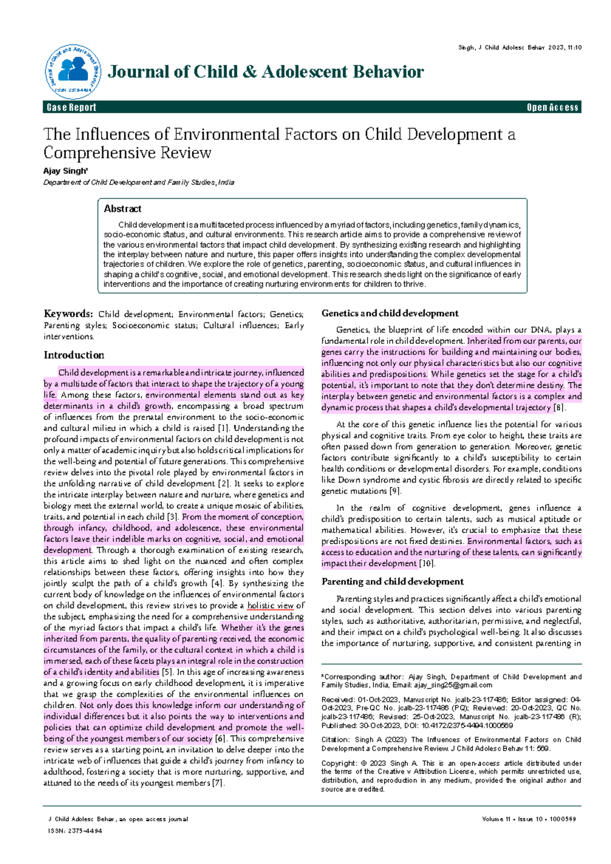 J Child Adolesc Behav 2023, 11:10 - Environmental Factors in Child ...
