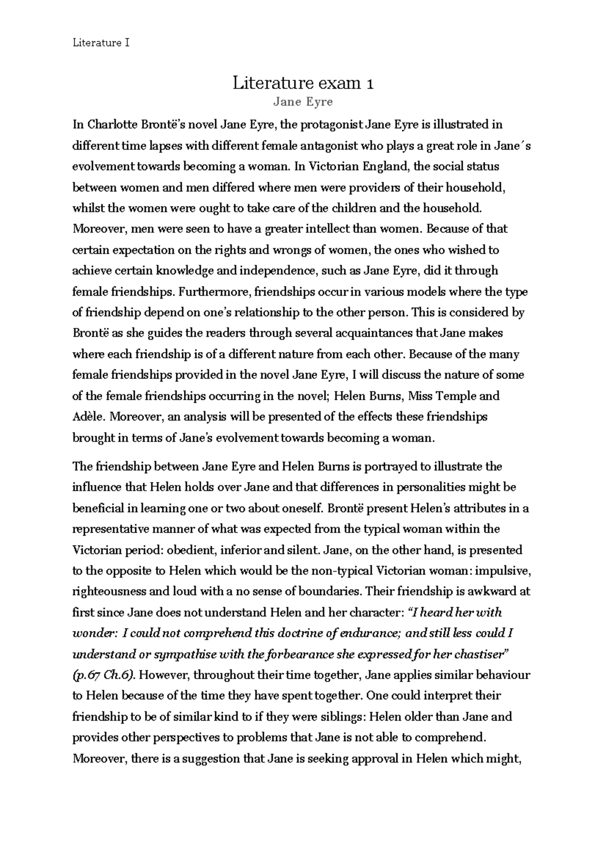 Literature exam - Female friendship in Bronte's Jane Eyre - Literature ...