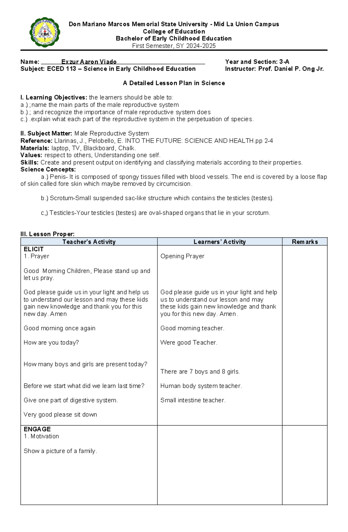 ECED 113 Final DLP: Male Reproductive System Lesson Plan - Studocu