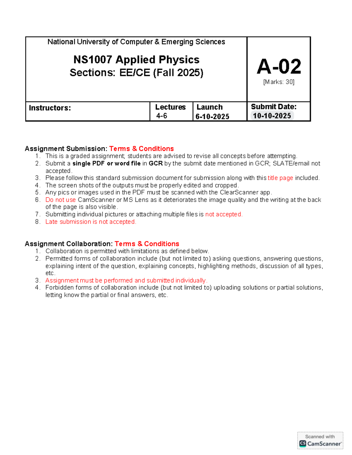 NS1007 Applied Physics Assignment 2 Guidelines and Questions (Fall 2025) - Studocu