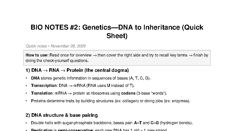 BIO 101: Quick Sheet on Inheritance and Genetics Notes - Studocu