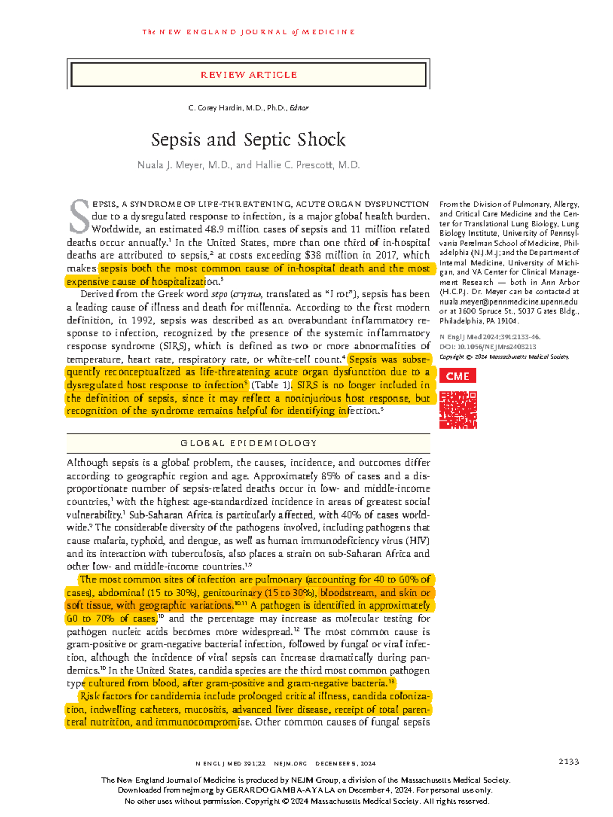 Sepsis and Septic Shock: Comprehensive Review NEJM 5 DEC 2024 - Studocu