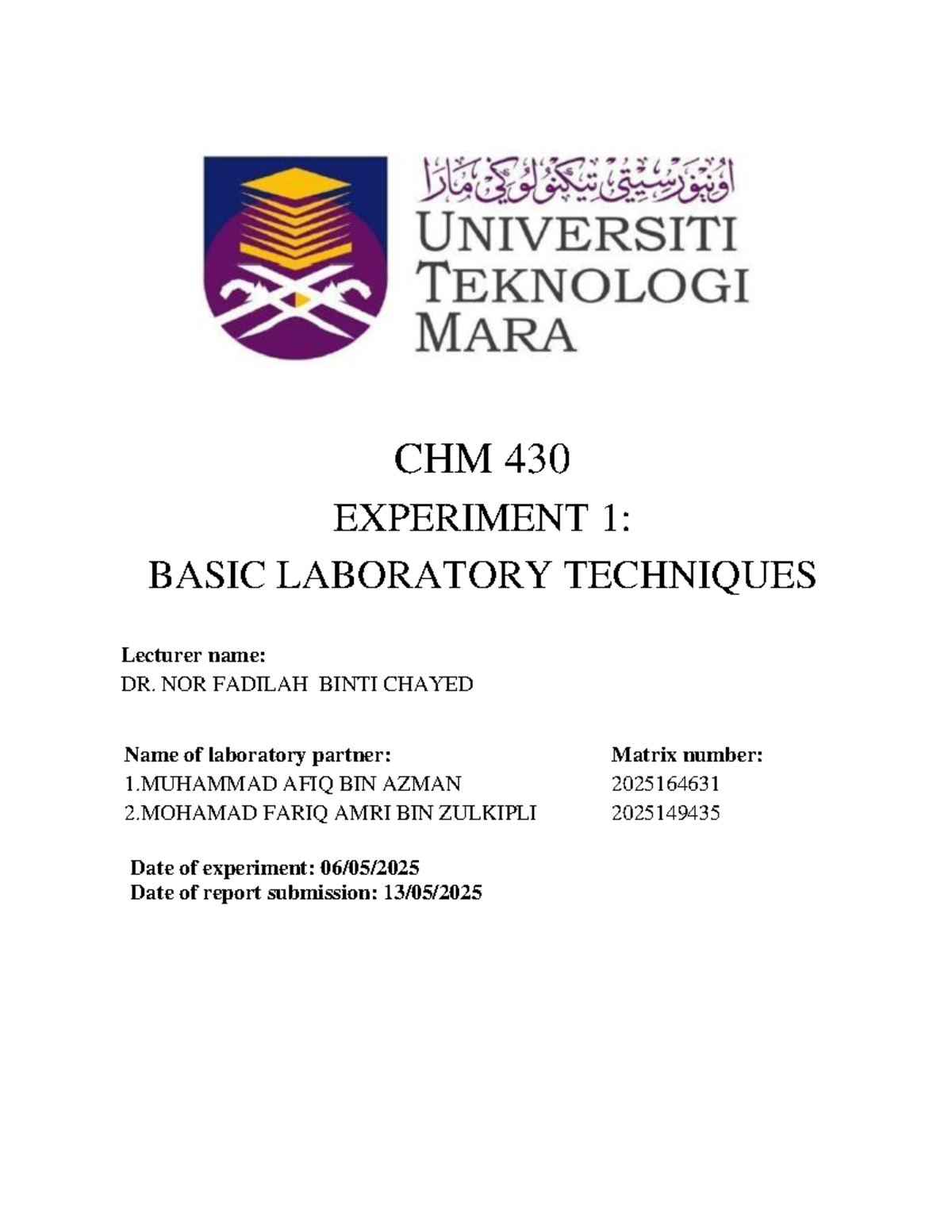CHM 430 Lab Report 1: Basic Laboratory Techniques & Calibration - Studocu