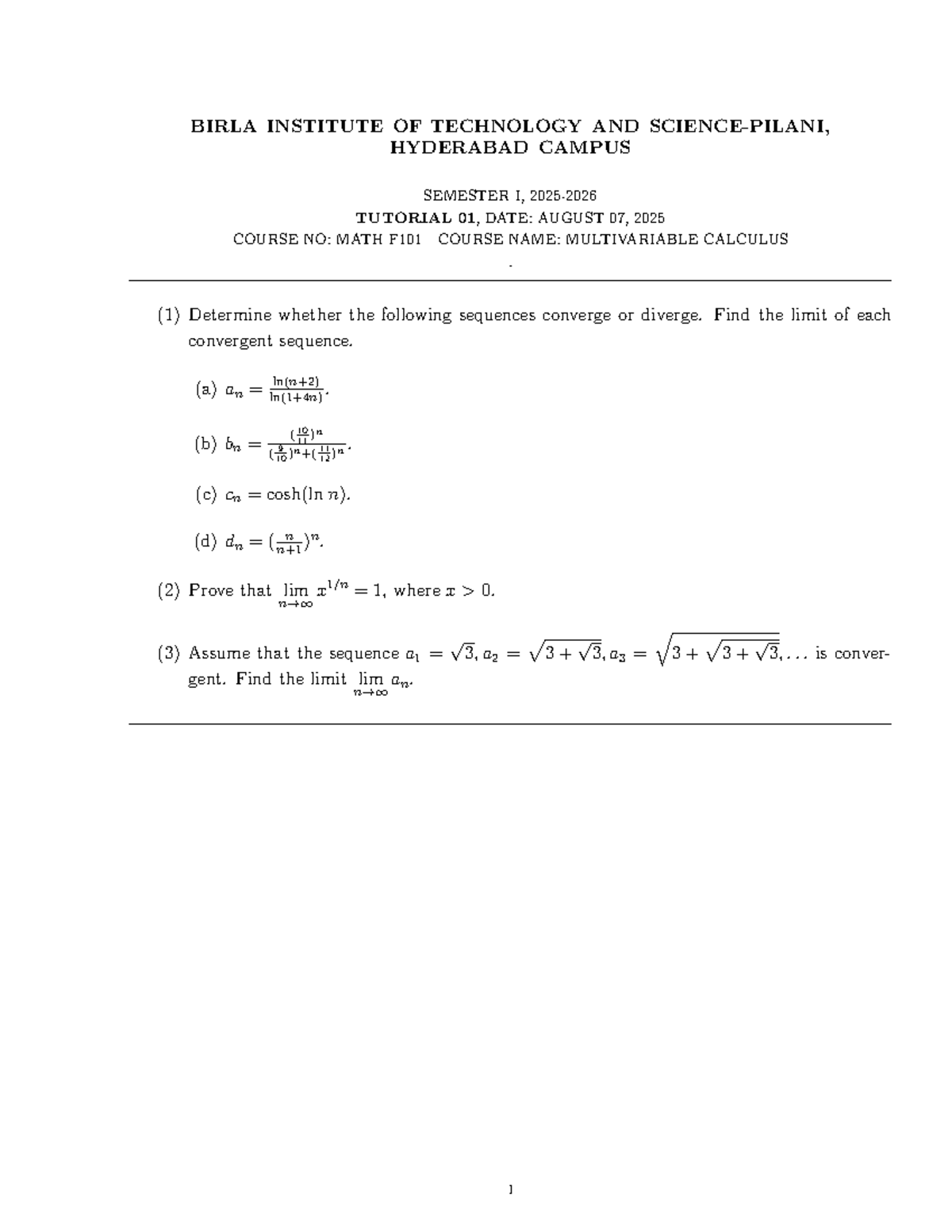 MATH F101 - Multivariable Calculus Tutorial Problems (Tuts 01-05) - Studocu