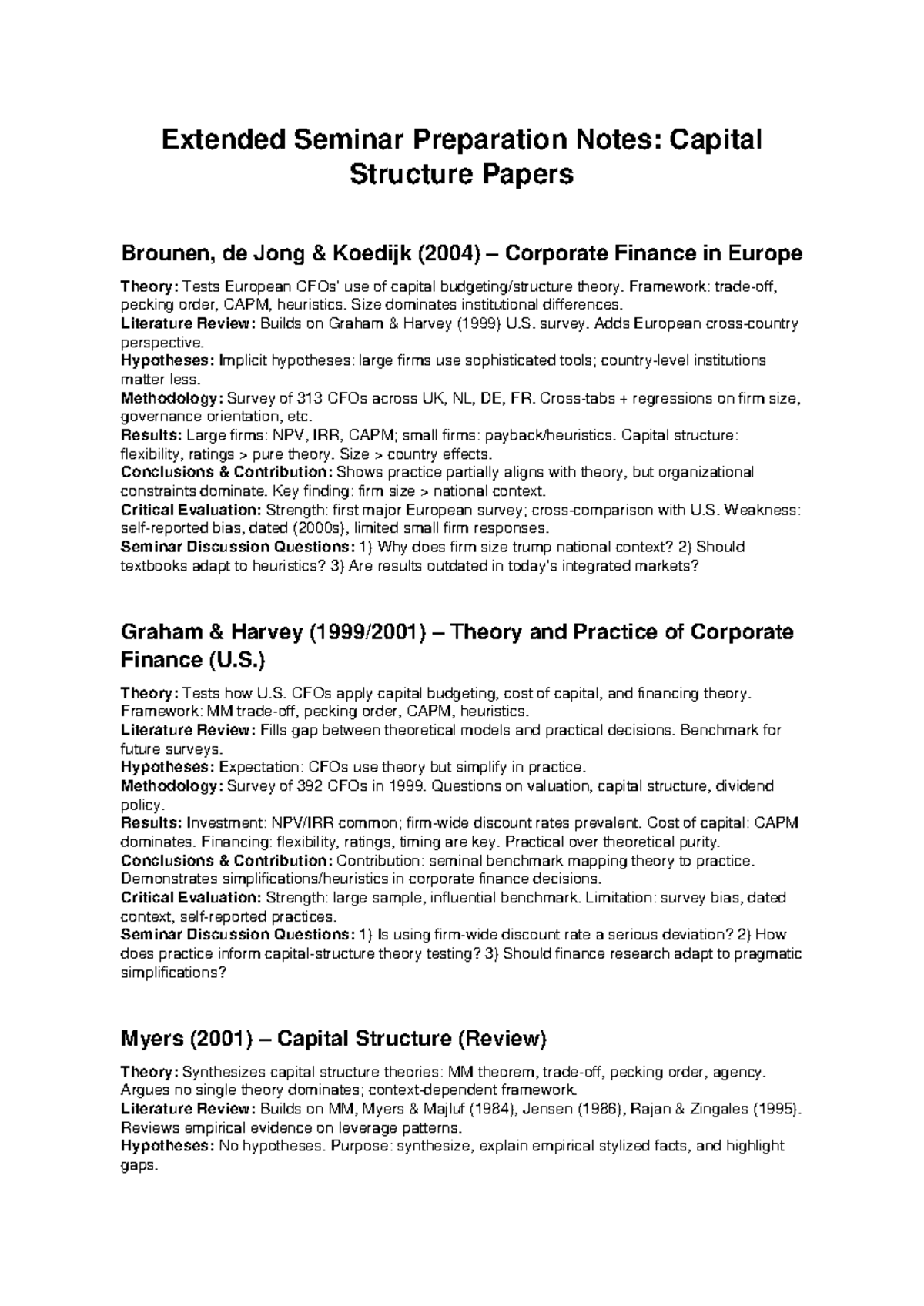 Seminar Prep Notes: Capital Structure Theories & Evaluations - Studocu