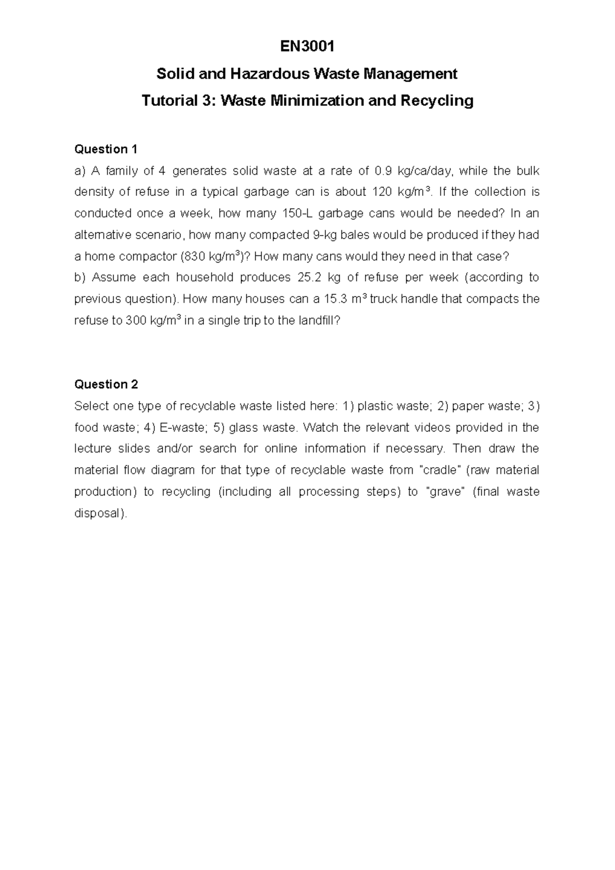 EN3001 Tutorial 3: Waste Minimization & Recycling Analysis - Studocu