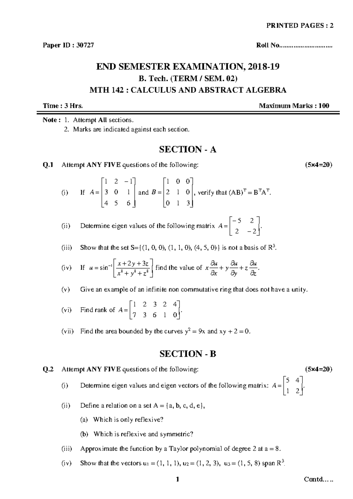 Calculus AND Abstract Algebra (MTH 142 ) B. Tech. (TERM - SEM. 02 ...