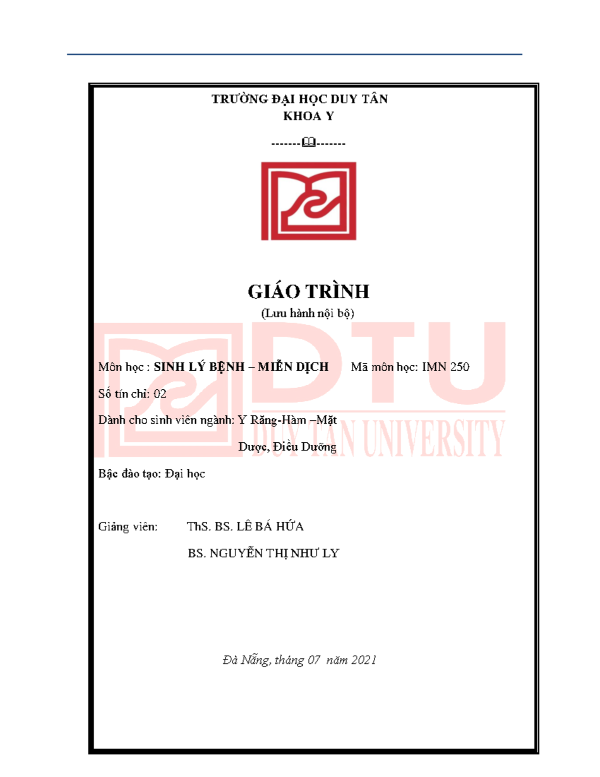 Giáo Trình Sinh Lý Bệnh - Miễn Dịch IMN 250 (2021) tại ĐH Duy Tân - Studocu