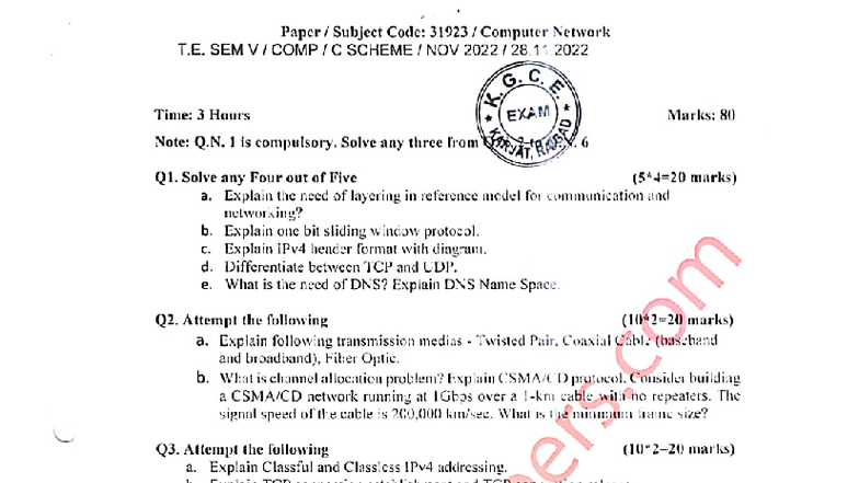 Computer Network PYQs: Subject Code 31923 - T.E. SEM V - Studocu