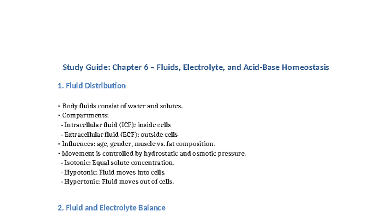 Study Guide: Chapter 6 - Fluids, Electrolytes, and Homeostasis - Studocu