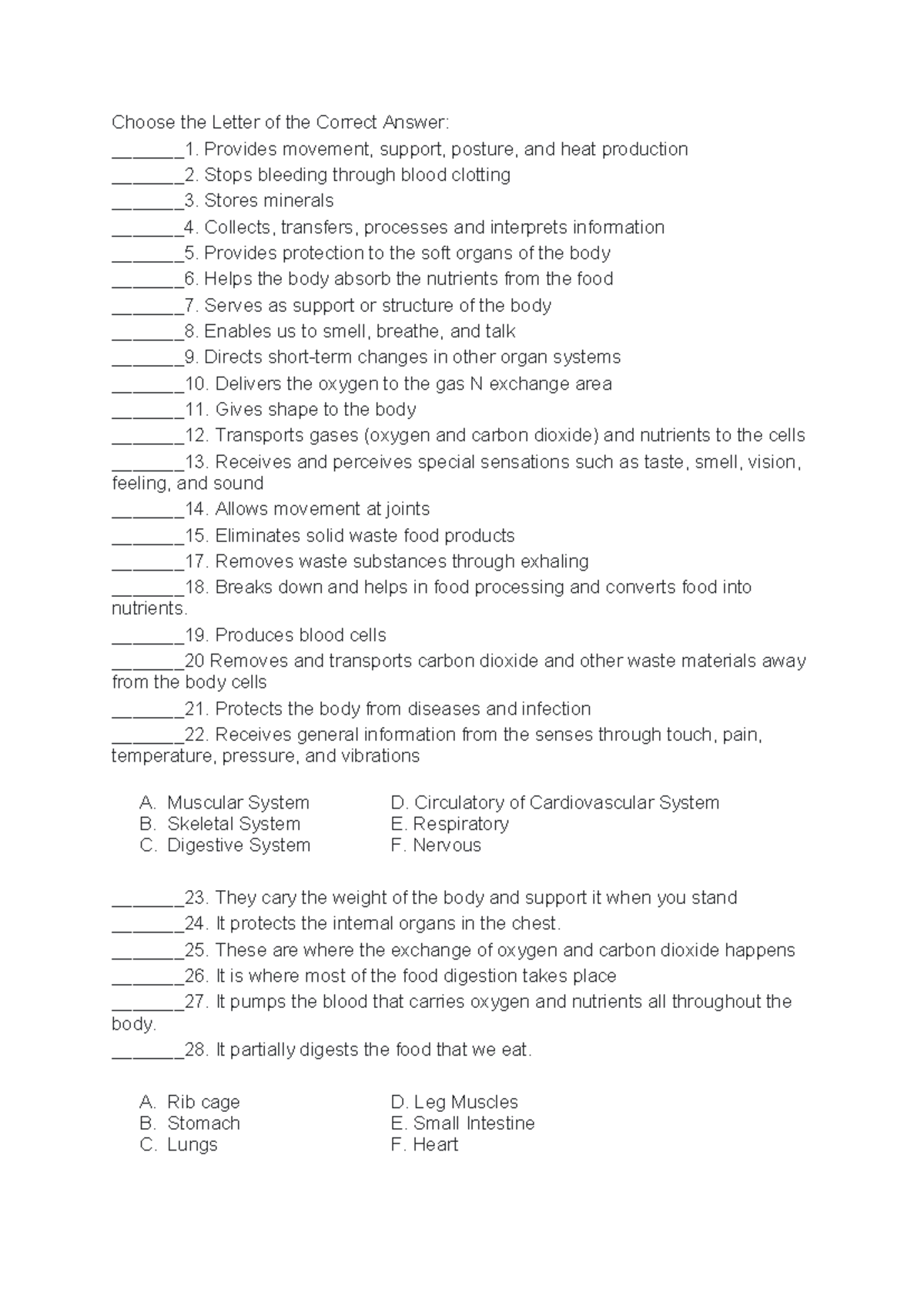 Organ System of the Body: Quiz on Functions and Structures - Studocu
