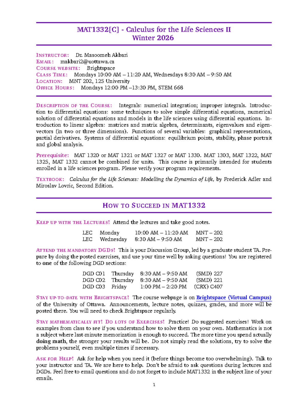 MAT1332 - Calculus for Life Sciences II Syllabus Winter 2026 - Studocu