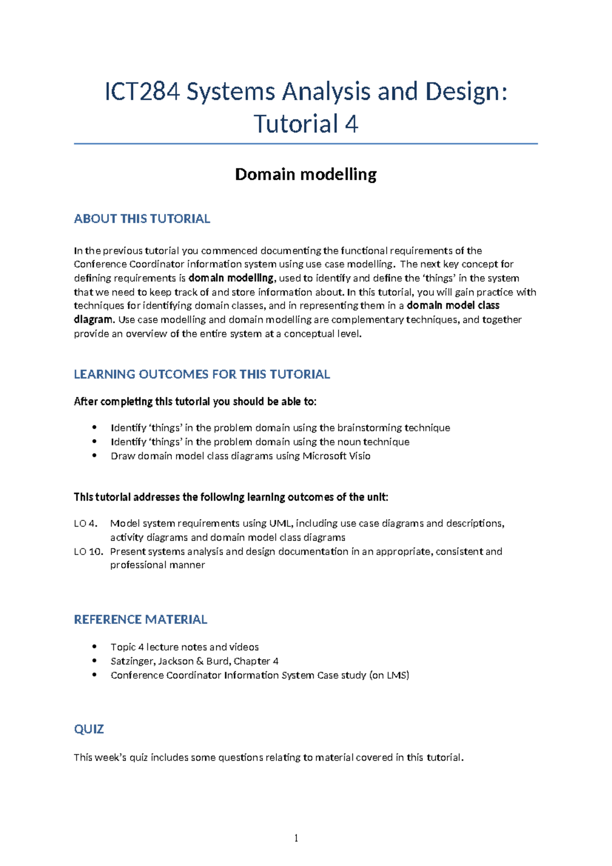 Tutorial 4 - Domain modelling - ICT284 Systems Analysis and Design ...