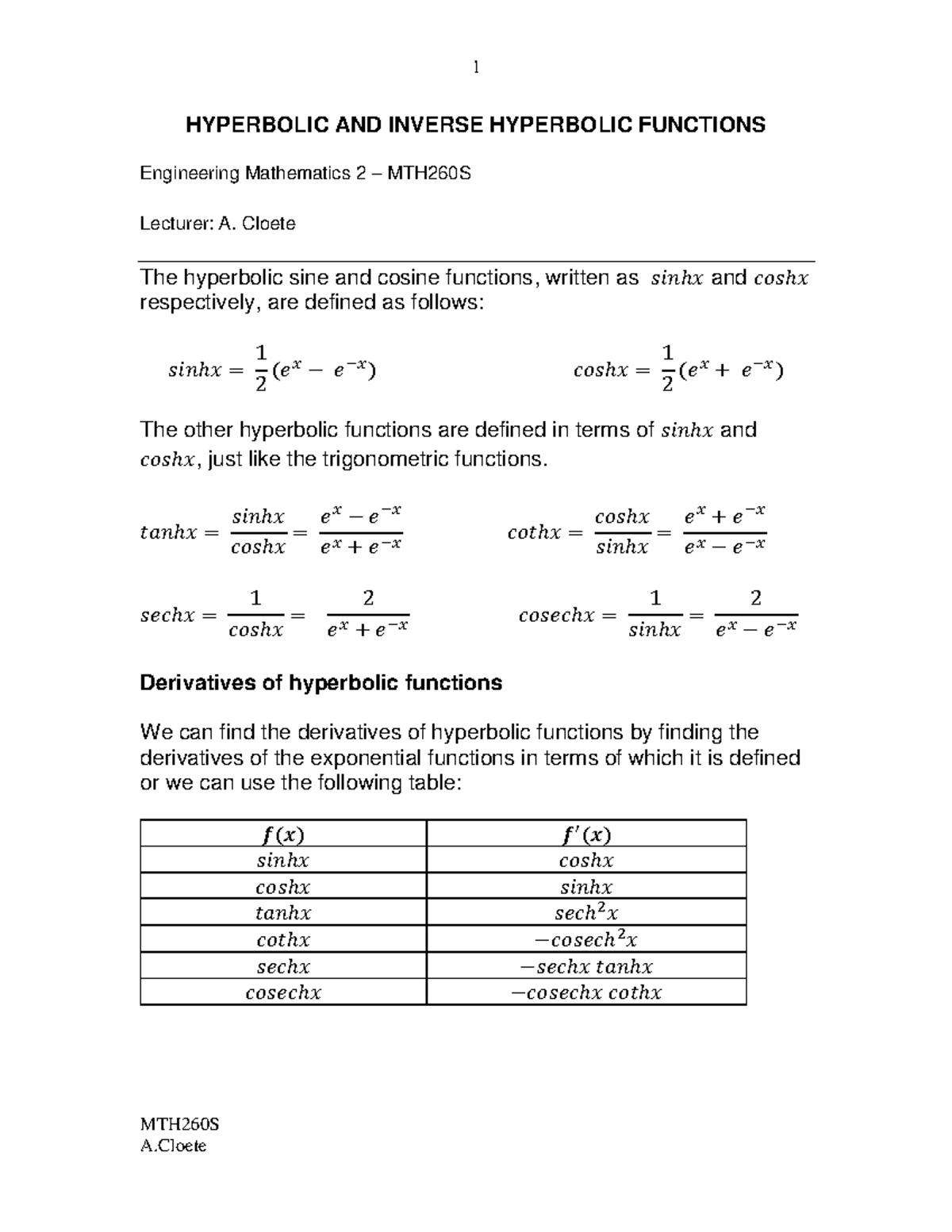 MTH260S Hyperbolic and Inverse Hyperbolic Functions Study Notes - Studocu