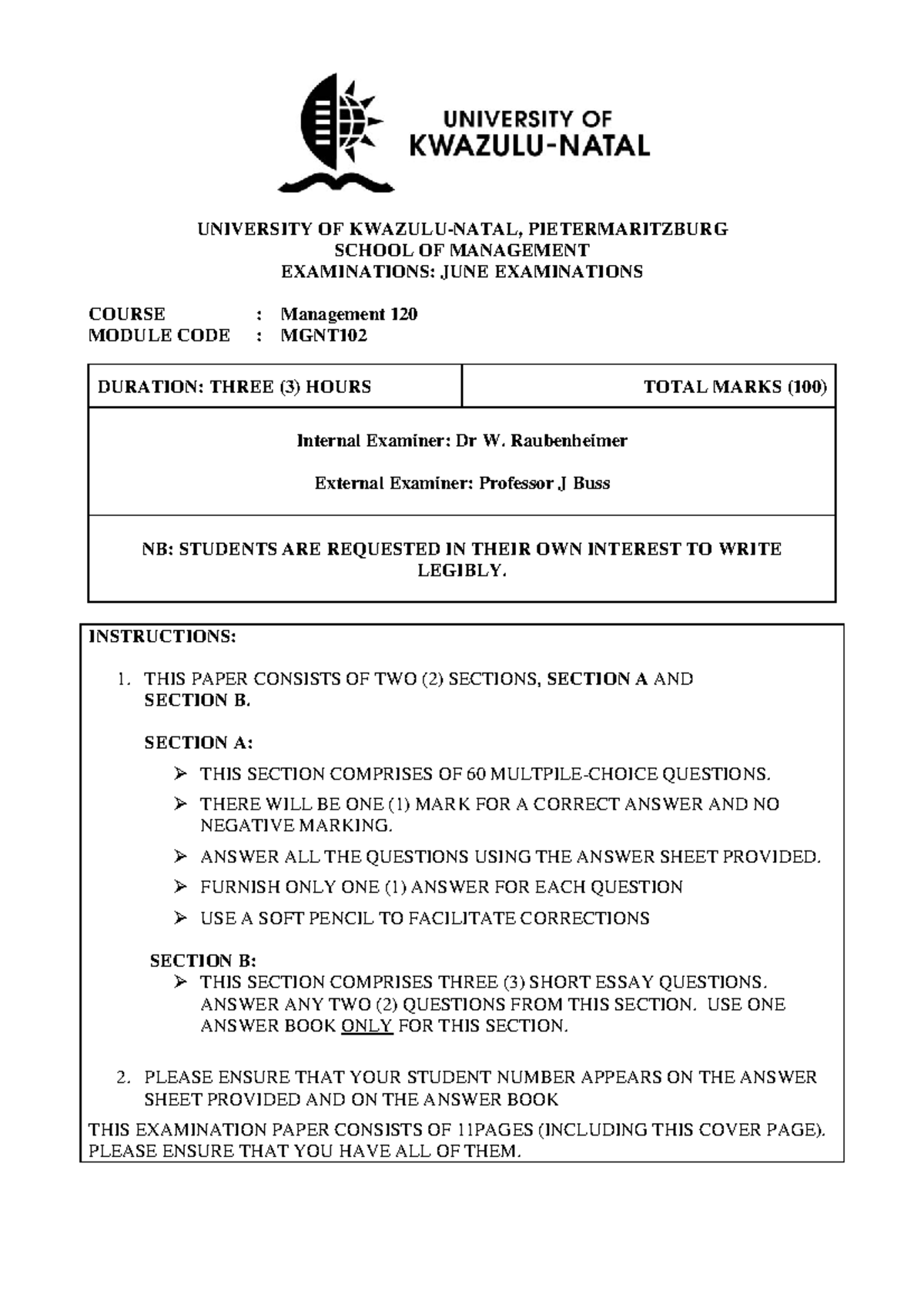 Management 120 (MGNT102) June Exam Paper Memo - 2008 - Studocu