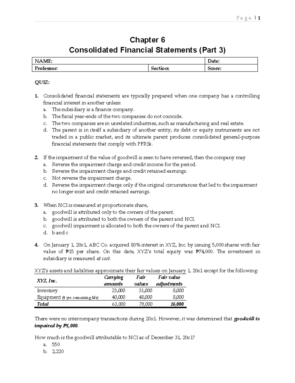 QUIZ: Consolidated Financial Statements (FS) Ch 6 Part 3 - Studocu