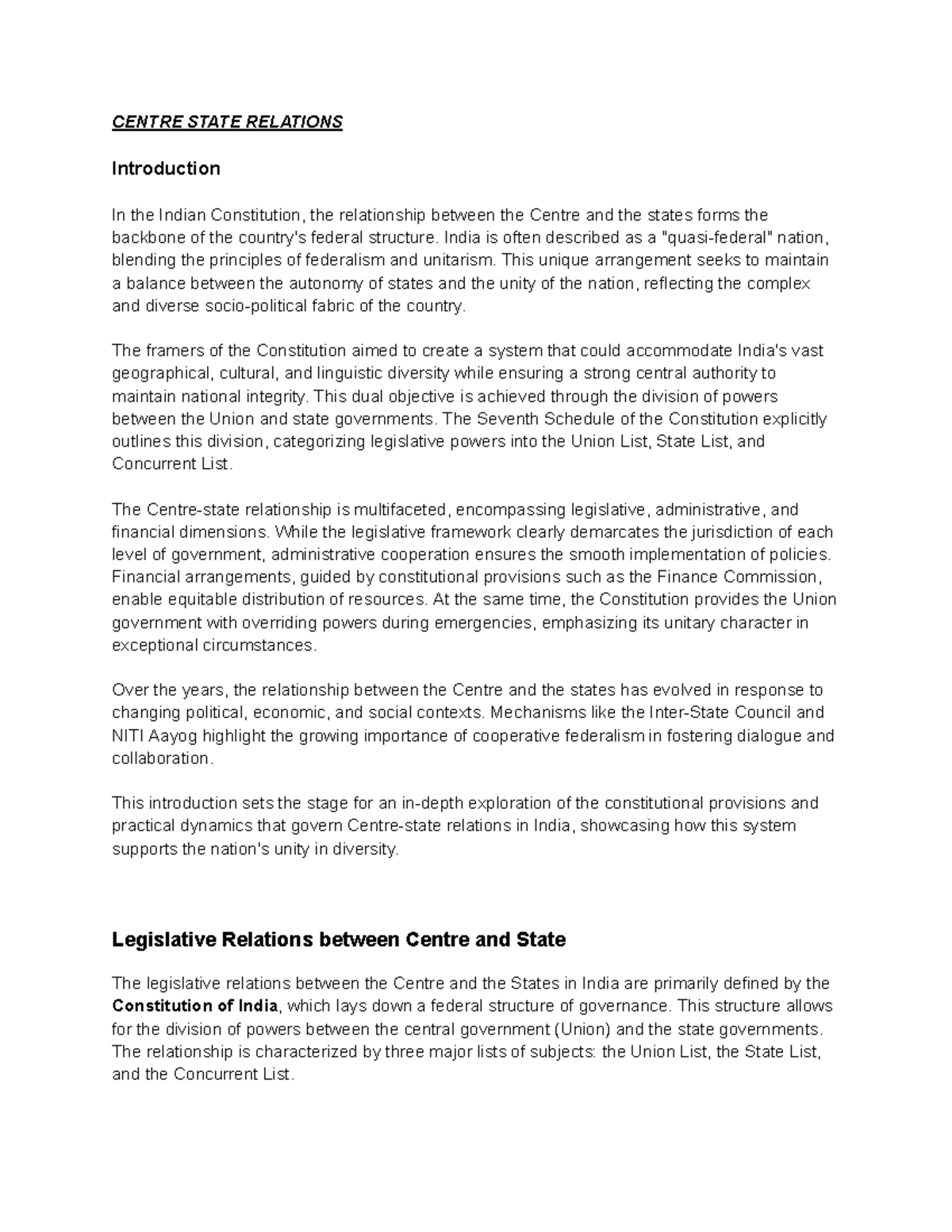 Centre State Relations - CENTRE STATE RELATIONS Introduction In the ...
