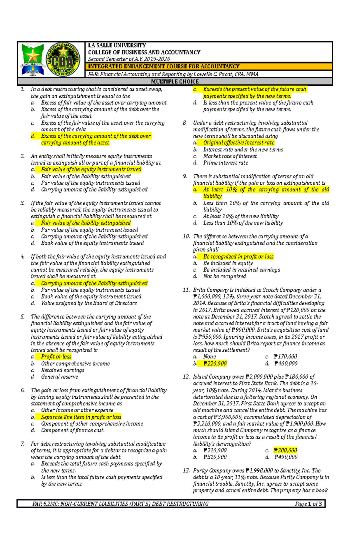 FAR-6 - Noncurrent Liabilities: Debt Restructuring MC Questions - Studocu