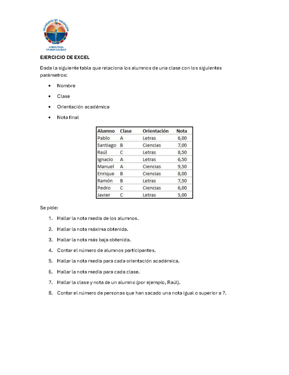 Ejercicio DE Excel - EJERCICIO DE EXCEL Dada la siguiente tabla que relaciona los alumnos de una ...