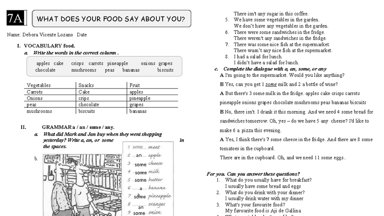 7A-D: Food Vocabulary & Grammar Exercises by Debora Vicente Lozano ...