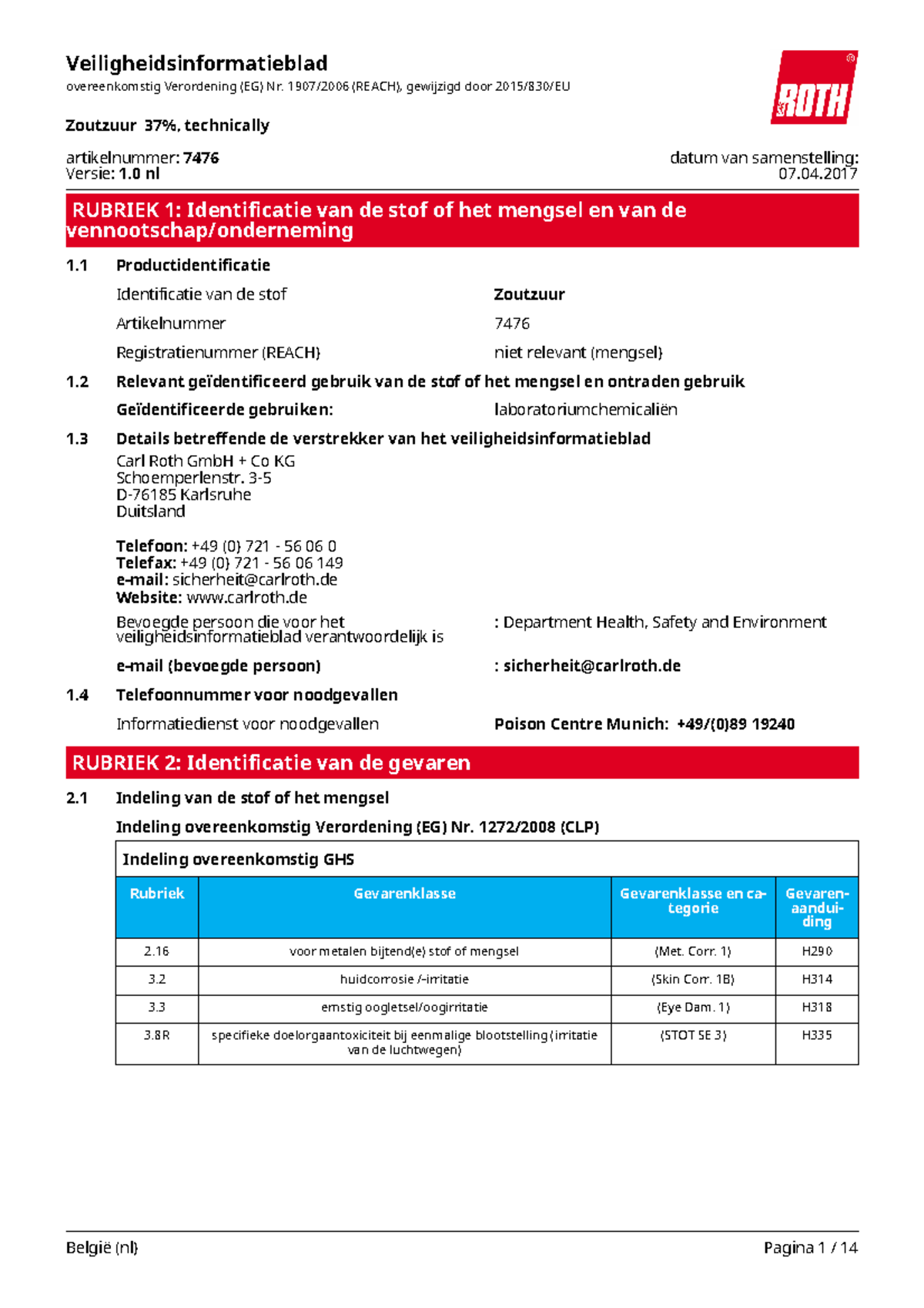 HCl - Veiligheidsinformatieblad (MSDS) voor Zoutzuur 37% - Studeersnel