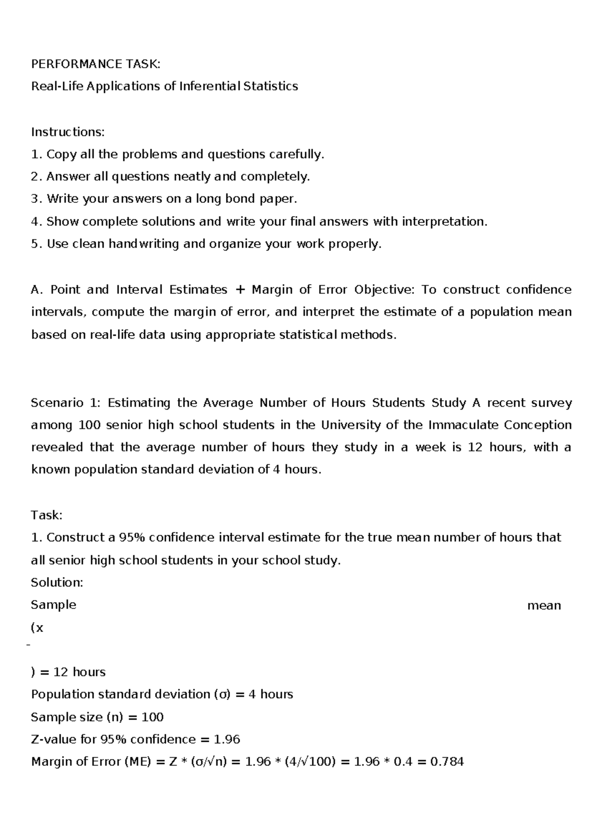 PERFORMANCE TASK: Inferential Statistics Applications (STAT 101) - Studocu