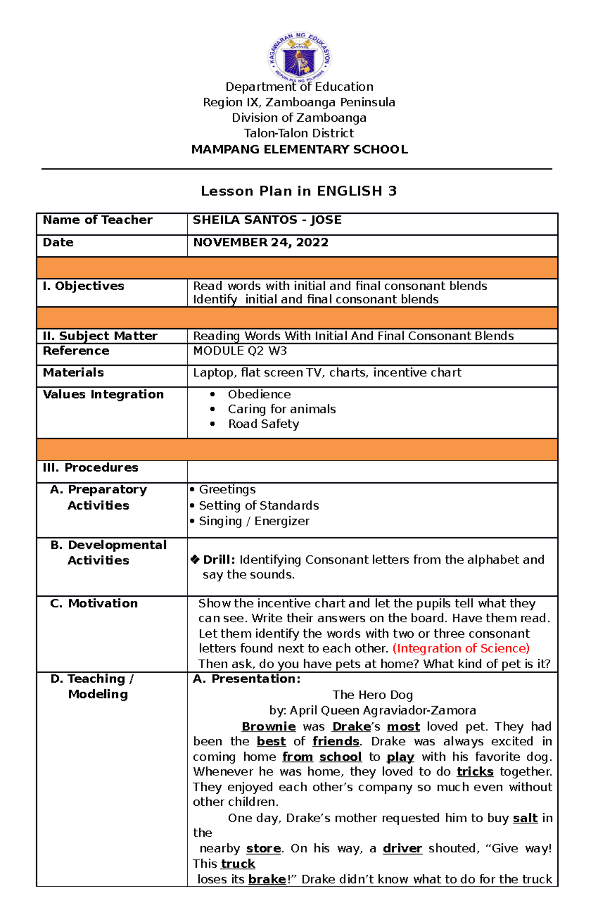 CO1 Lesson Plan: Teaching Initial & Final Consonant Blends - English ...