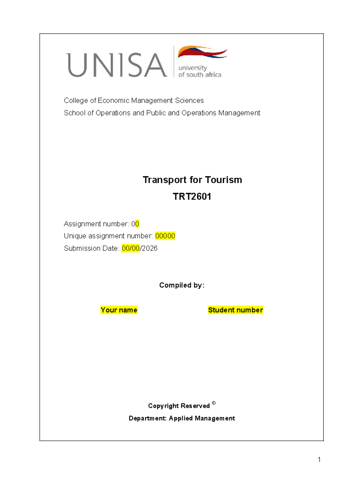 TRT2601 Transport for Tourism Assignment 01 Template - Studocu