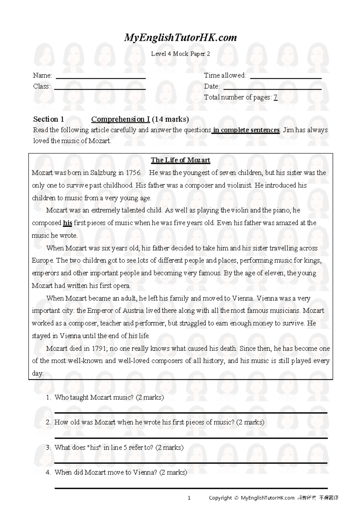 Year 4 English Paper 2 - Mock Paper on Mozart and Comprehension Skills ...