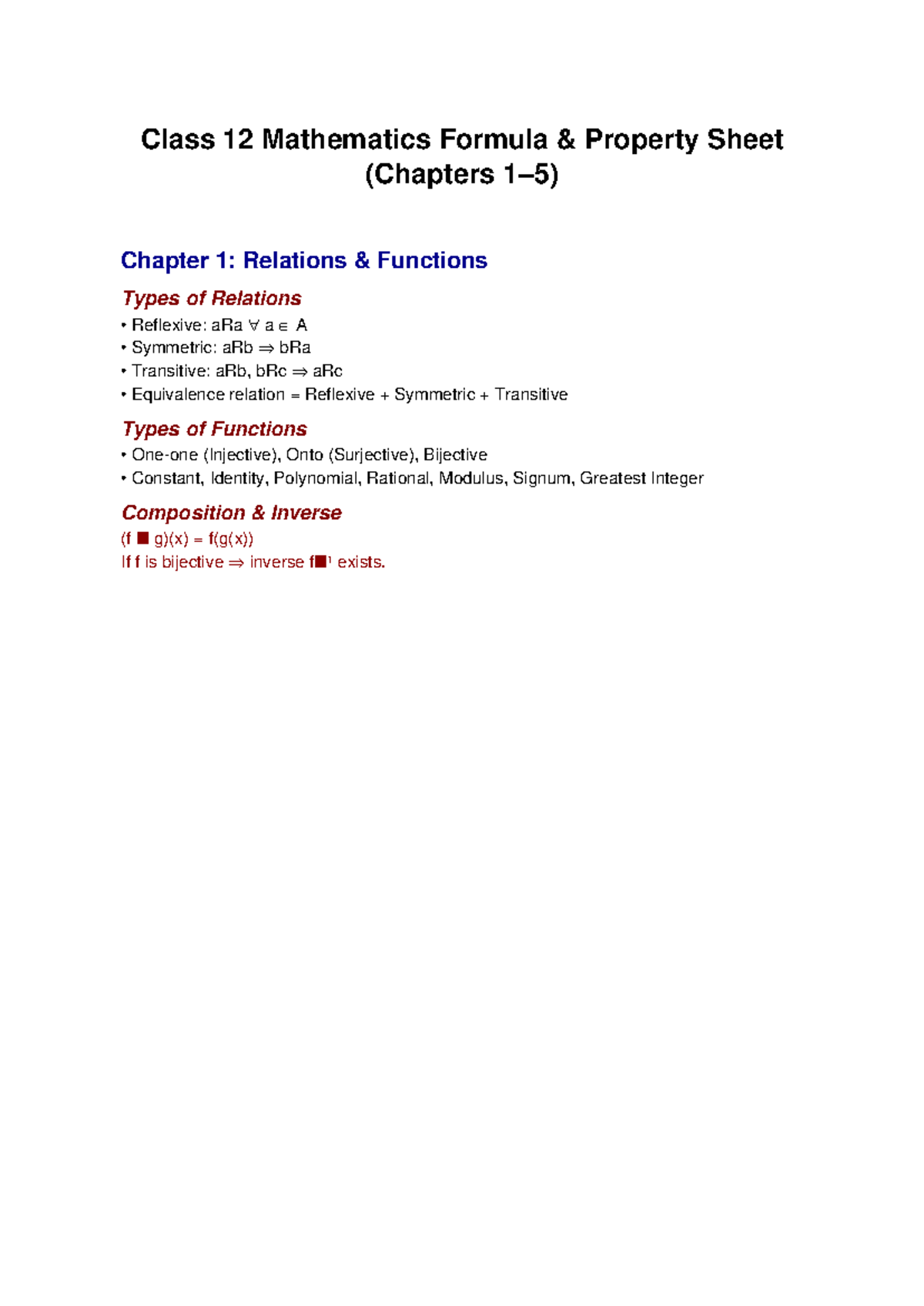 Class 12 Mathematics Formula Sheet: Chapters 1 to 5 Overview - Studocu