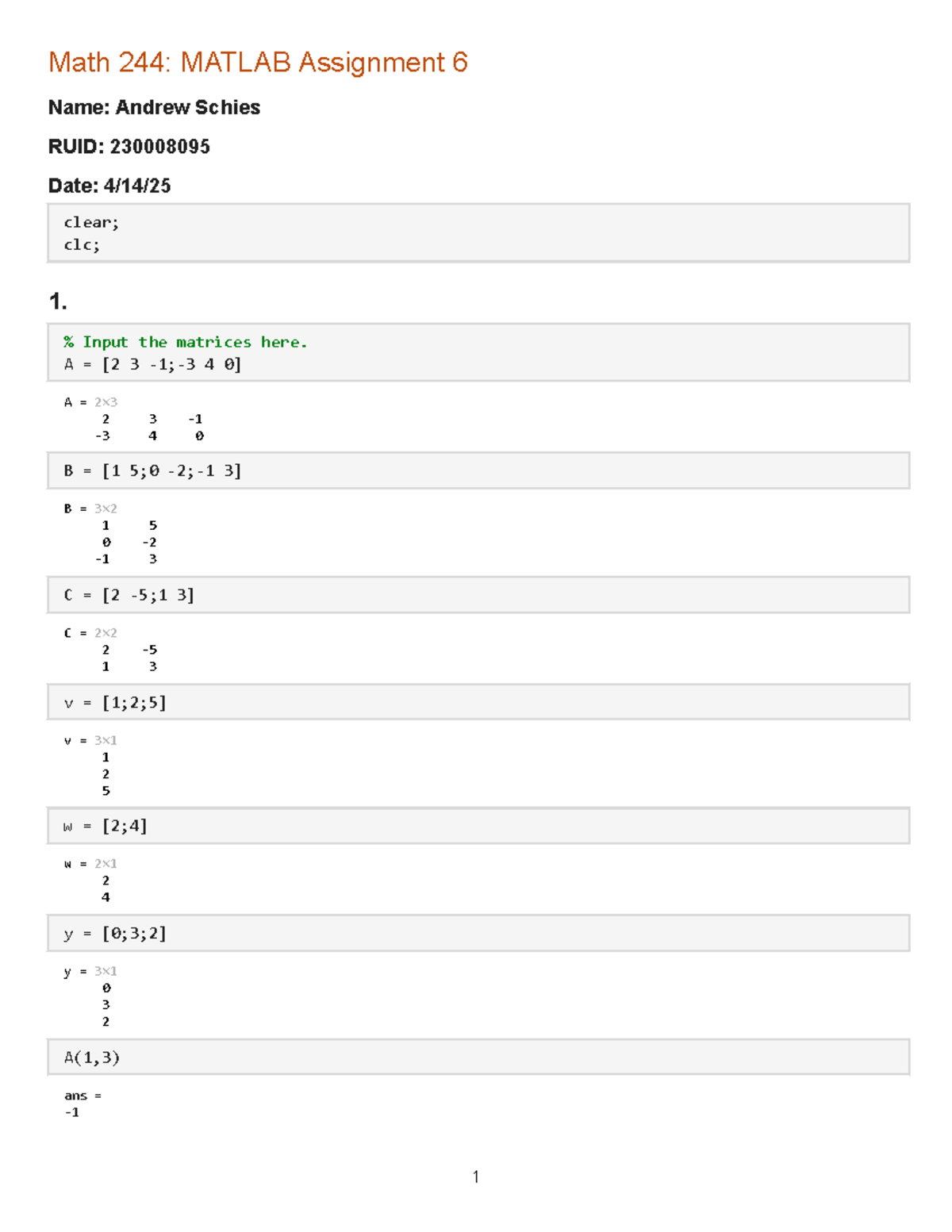 Math 244: MATLAB Assignment 6 - Matrix Computations and Analysis - Studocu