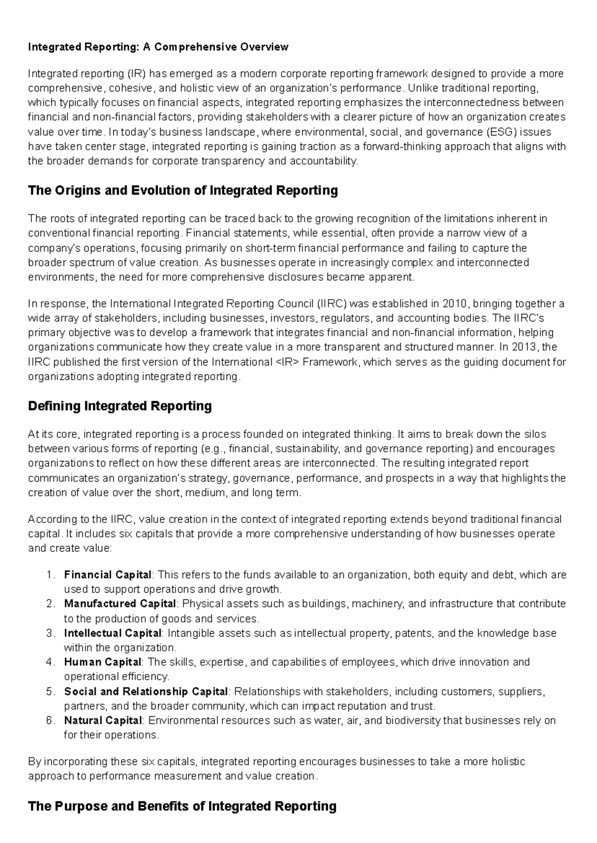 Integrated Reporting: An In-Depth Overview of IR Framework - Studeersnel