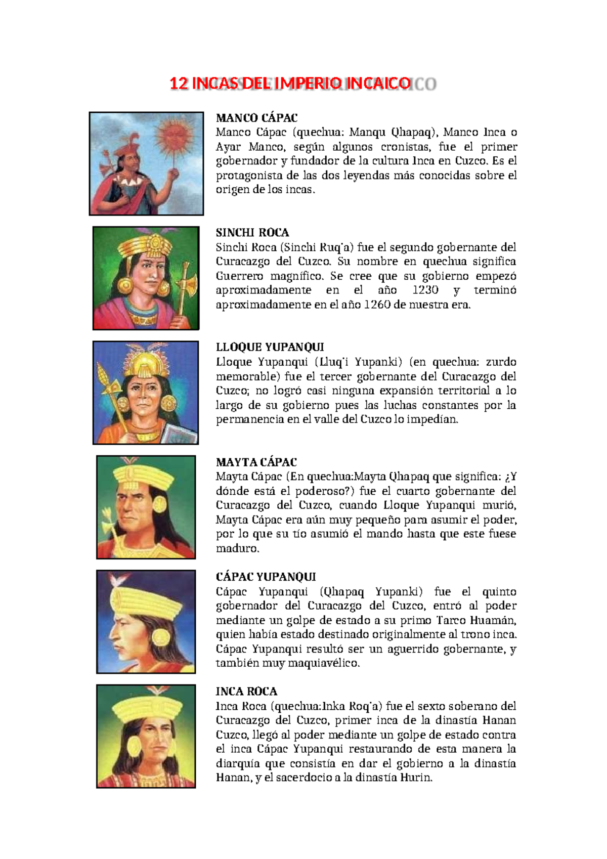 12 INCAS DEL IMPERIO INCAICO: Manco Cápac y sus Sucesores - Studocu