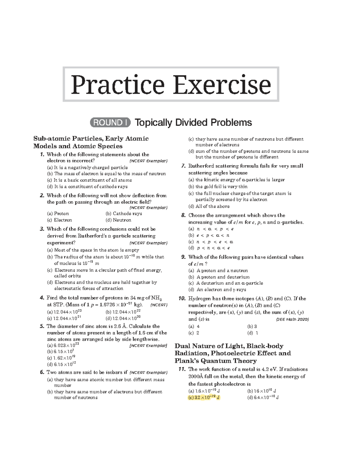DPP 1 (Atomic Structure): Practice Exercise on Atomic Models and ...