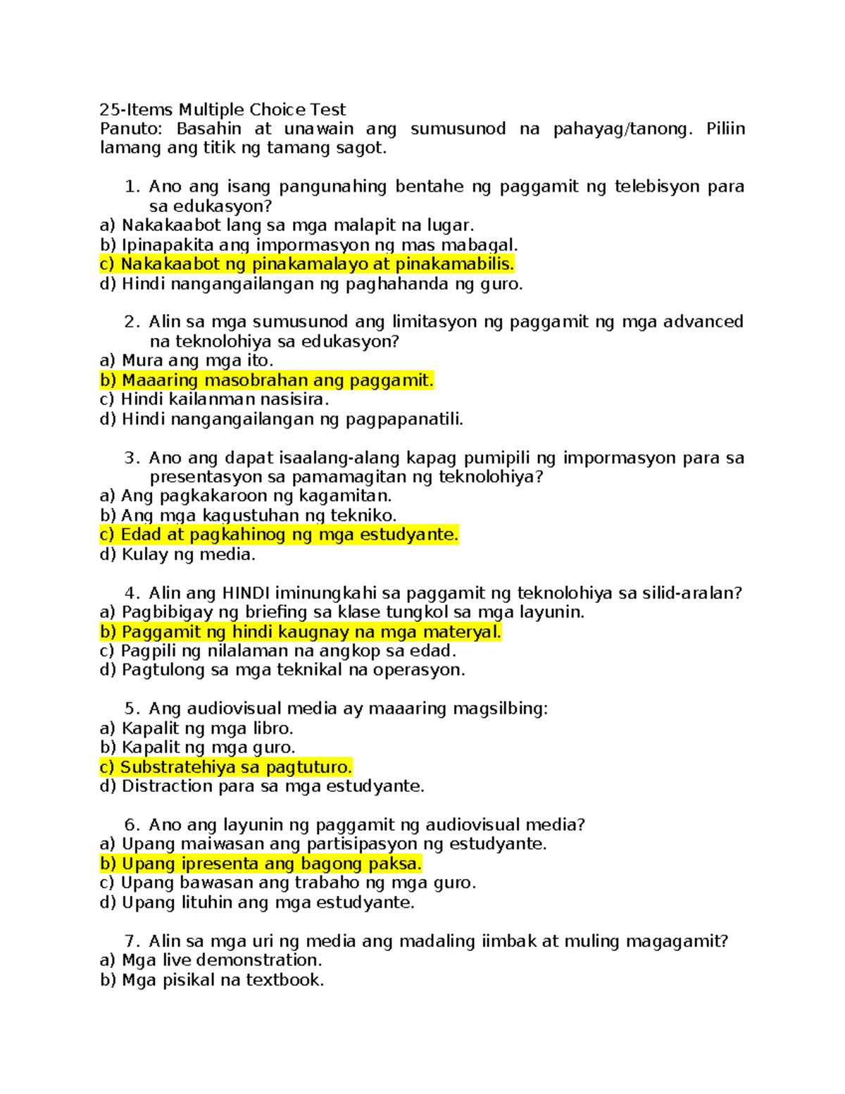 Group 2 Midyang PANG Edukasyon - 25-Items Multiple Choice Test Panuto ...
