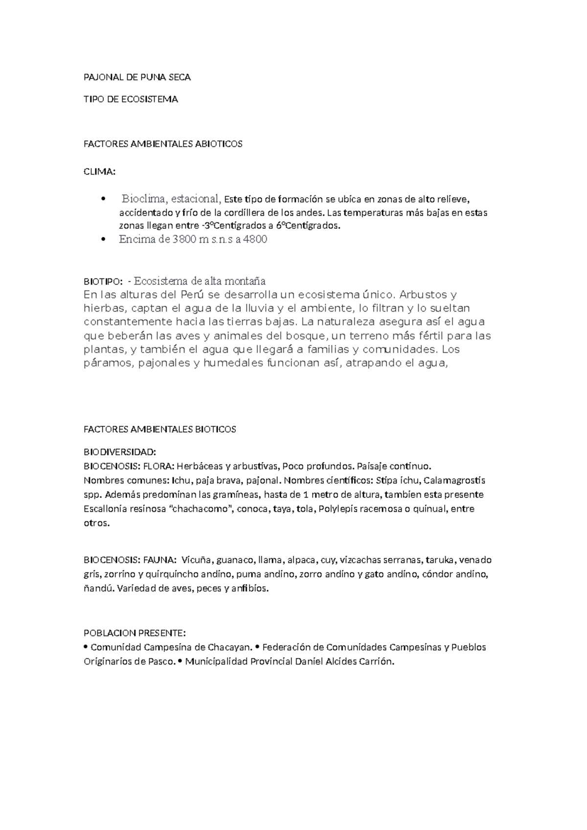 Pajonal de Puna Seca: Ecosistema de Alta Montaña y Biodiversidad - Studocu