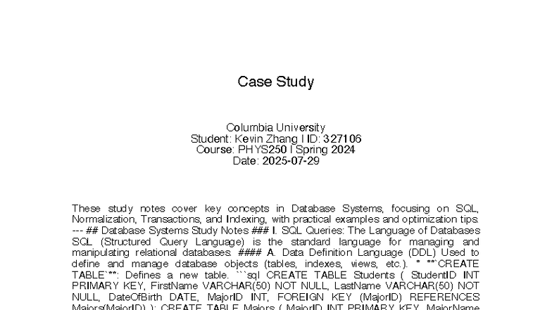 PHYS250 Spring 2024: Database Systems Study Notes on SQL & More - Studocu