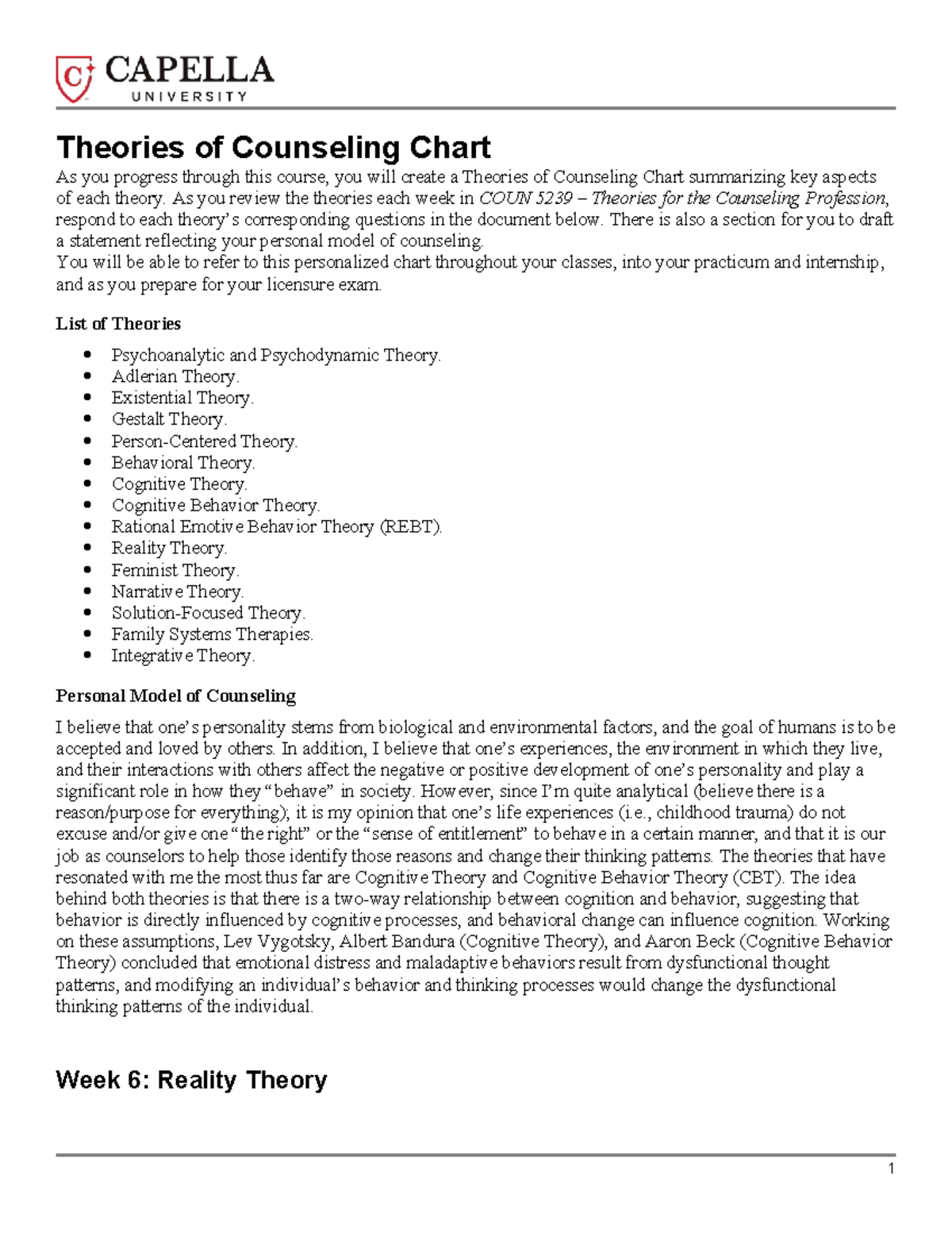 COUN 5239 Theories of Counseling Chart: Key Concepts & Personal Model ...