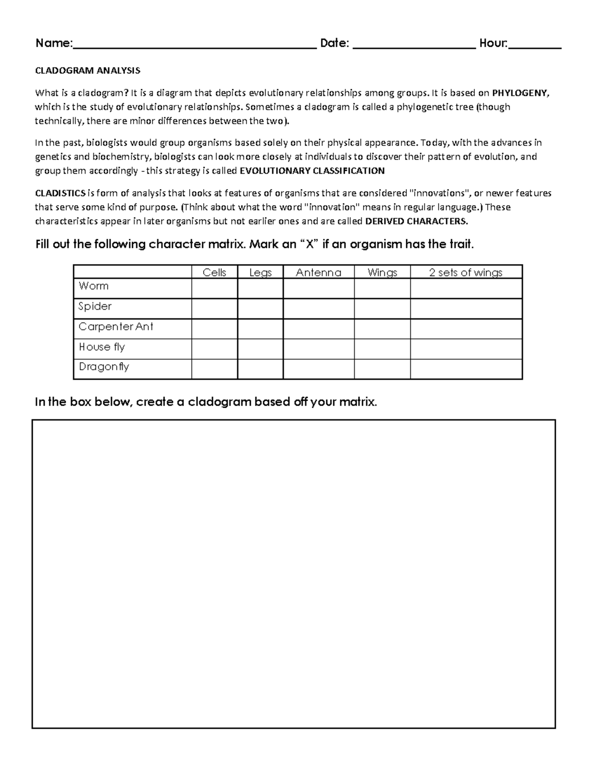 Cladogram Worksheet Analysis – Evolutionary Relationships and Phylogeny ...